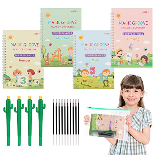 Magic Ink Practice Copybook for Children Ages 3-8, Reusable Writing Practice Book for Preschools Grooves Template Design,Handwriting Practice for Kids,Magic Practice Copybook Set(4 Books with Pens)