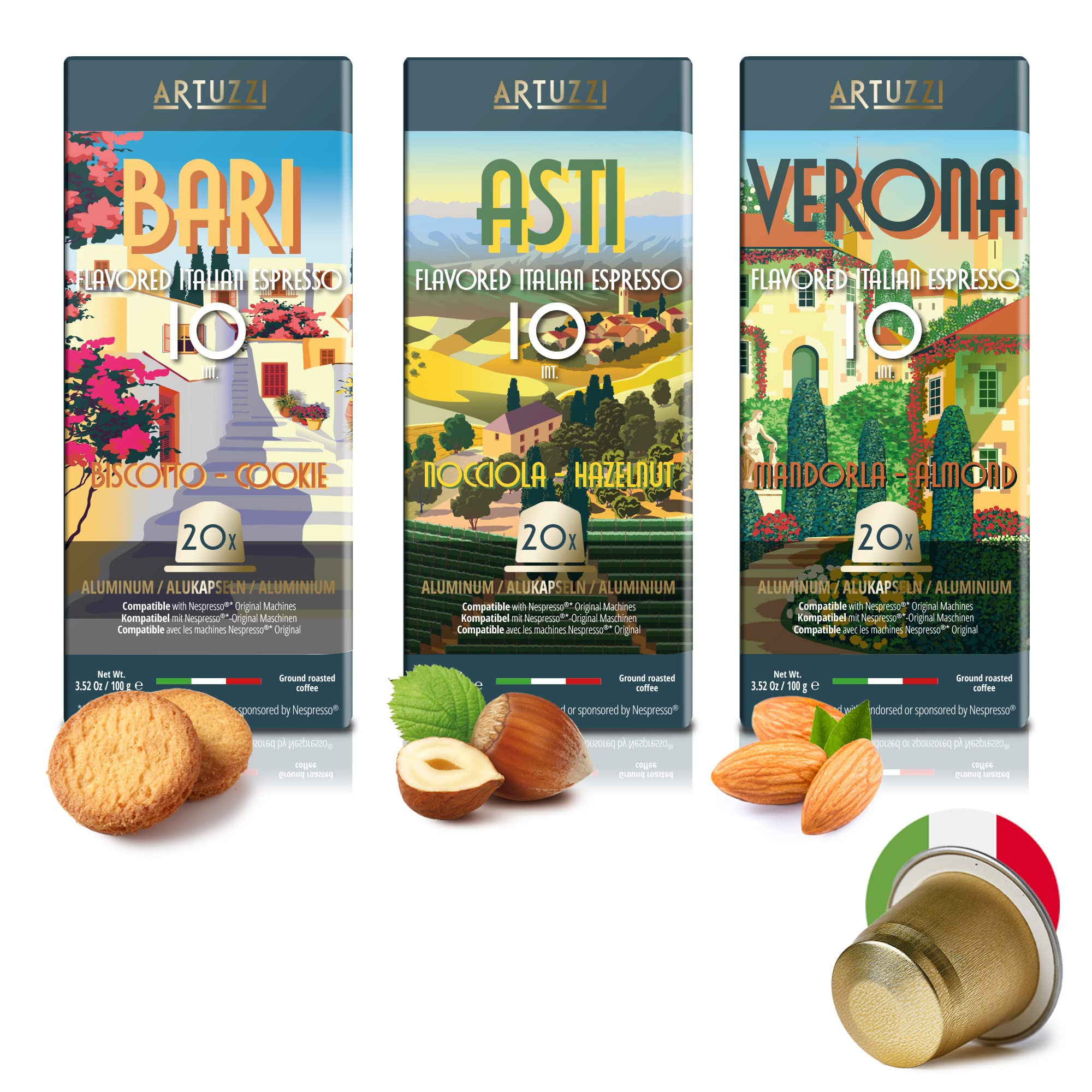 Artuzzi 60ct Compatible Nespresso Pods | Cookie, Almond, Hazelnut Flavored Pods for Original Nespresso | Italian Espresso I Aluminum & Recyclable