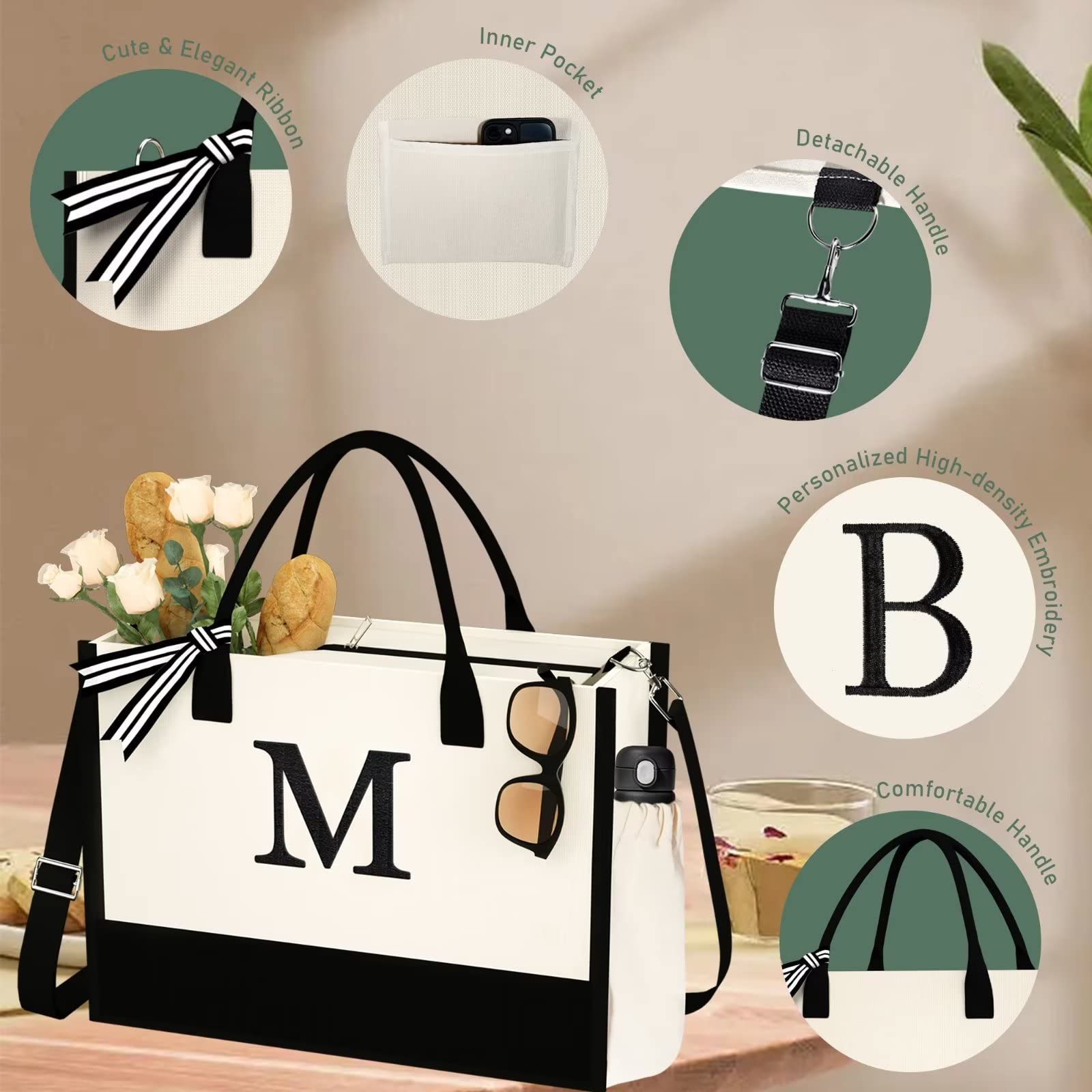 QLOVEA Canvas Beach Tote Bag for Women 16oz Personalized Tote Bag with Shoulder Strap&Zipper&Pockets, Embroidery Initial Canvas Bag for Bridal Shower Hostess Birthday Female Friend Letter H
