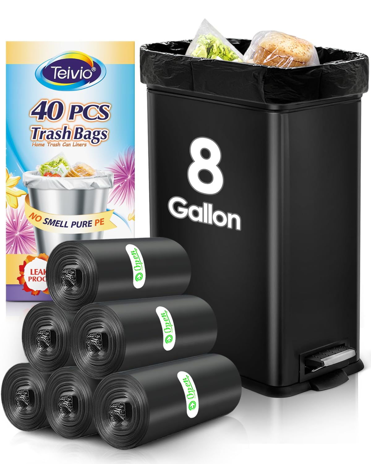 8 Gallon 40 Counts Strong Medium Trash Bags Garbage Bags by Teivio, Bathroom Trash Can Bin Liners, Plastic Bags for home office kitchen, Black