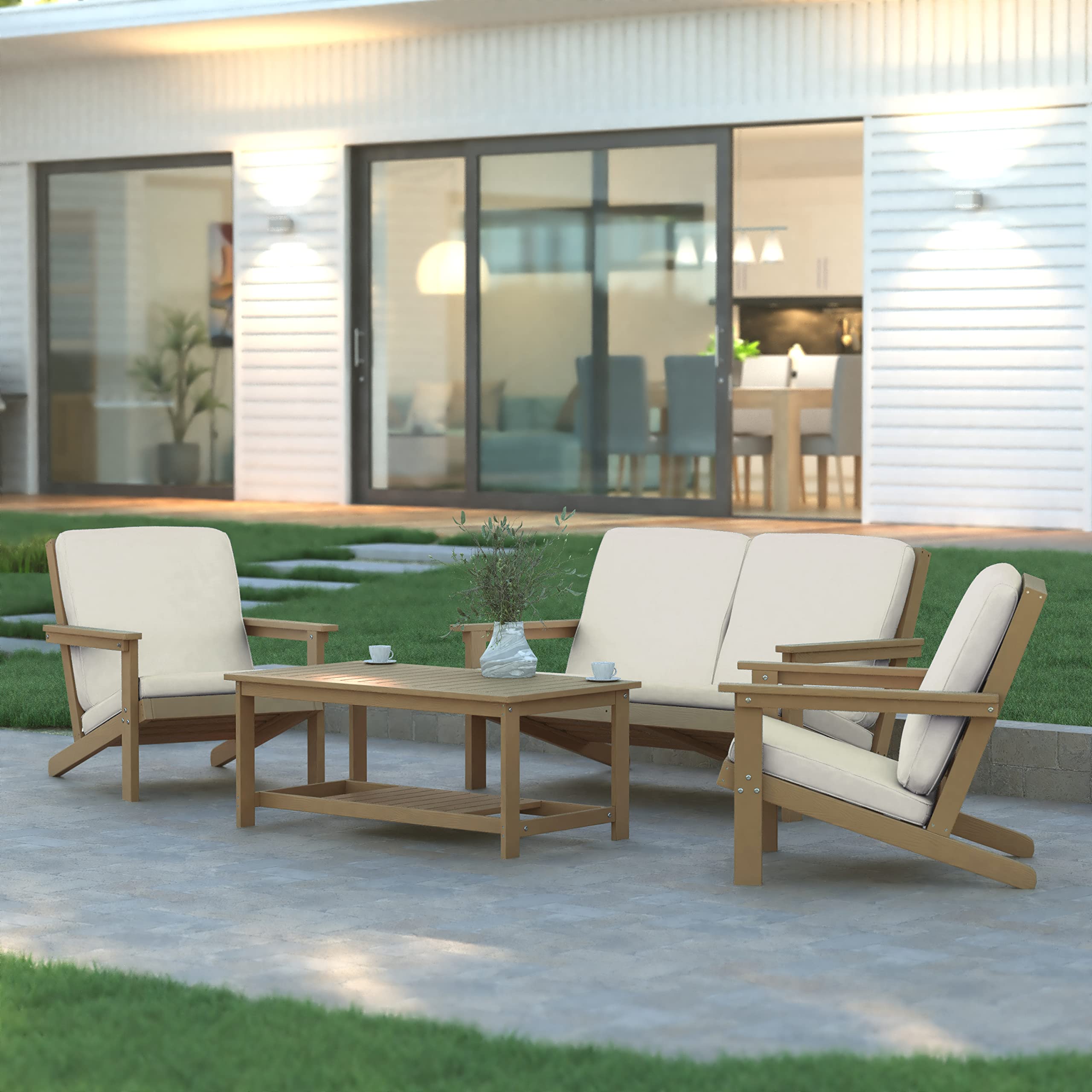 EMMA + OLIVER Hammond All-Weather Adirondack Style Loveseat - Natural Cedar Finish Polyresin Frame - Cream Cushions - Deep Seat - 300 lbs. Static Weight Per Seat