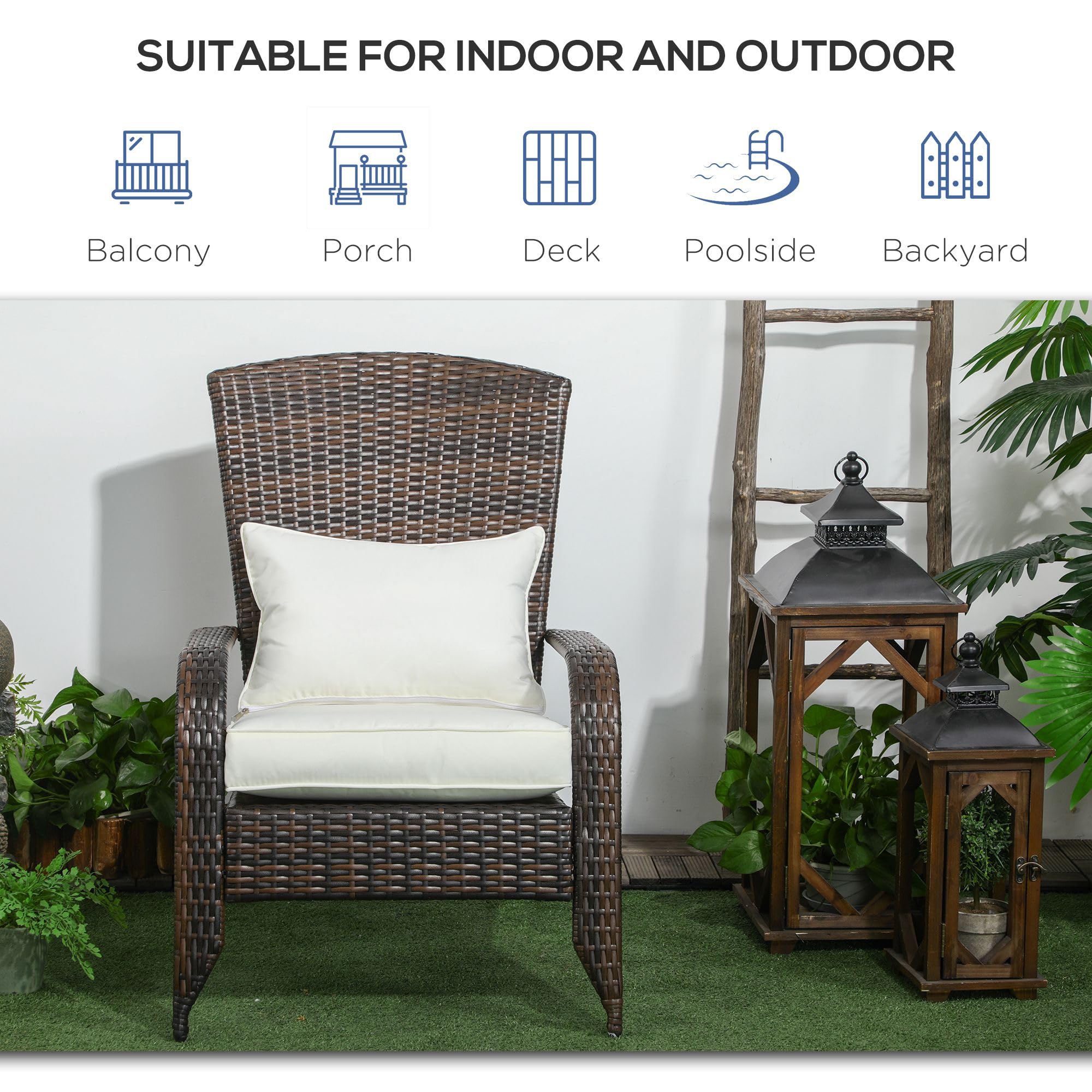 Outsunny Patio Wicker Adirondack Chair, Outdoor All-Weather Rattan Fire Pit Chair w/Soft Cushions, Tall Curved Backrest and Comfortable Armrests for Deck or Garden, Cream White