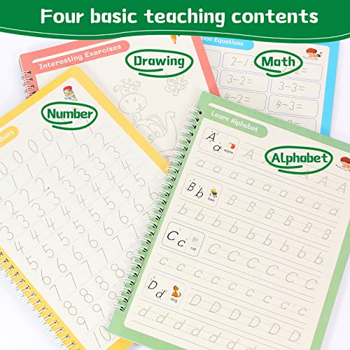 Magic Ink Practice Copybook for Children Ages 3-8, Reusable Writing Practice Book for Preschools Grooves Template Design,Handwriting Practice for Kids,Magic Practice Copybook Set(4 Books with Pens)