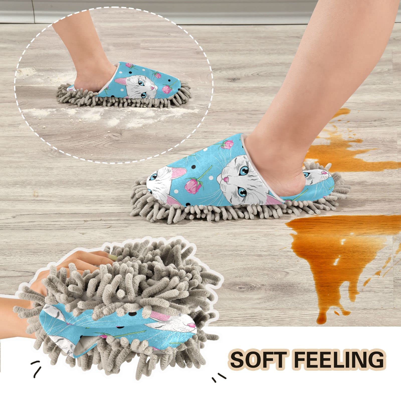 Roses Cat Mop Slippers Shoes Cover for Floor Cleaning Washable Dust Dirty Hair Cleaners Microfiber Mop Socks for Kitchen House Office