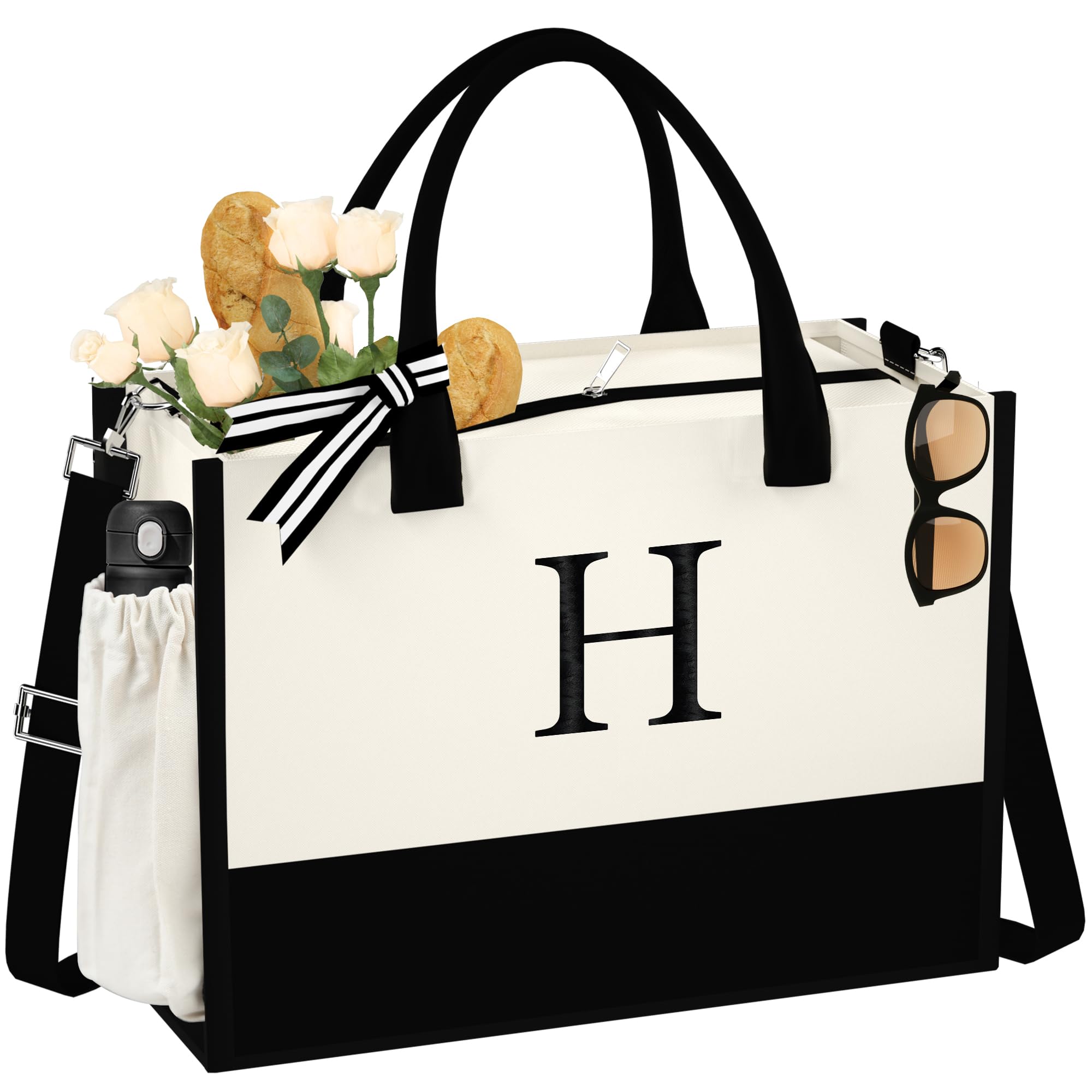 QLOVEA Canvas Beach Tote Bag for Women 16oz Personalized Tote Bag with Shoulder Strap&Zipper&Pockets, Embroidery Initial Canvas Bag for Bridal Shower Hostess Birthday Female Friend Letter H