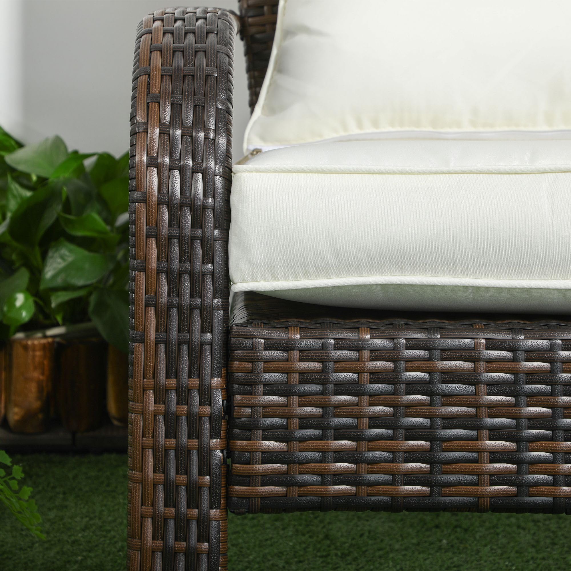 Outsunny Patio Wicker Adirondack Chair, Outdoor All-Weather Rattan Fire Pit Chair w/Soft Cushions, Tall Curved Backrest and Comfortable Armrests for Deck or Garden, Cream White