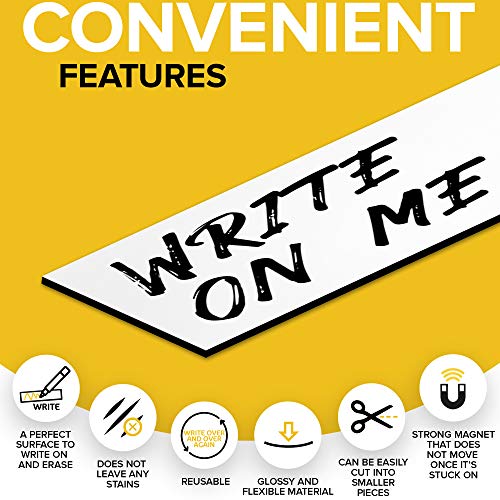 Dry Erase Magnetic Strips - Magnetic Tape Roll - Blank Write On Magnets - Sticky Labels and Stickers - Writable Flexible Magnet Sheet for Whiteboards, Refrigerator and Crafts