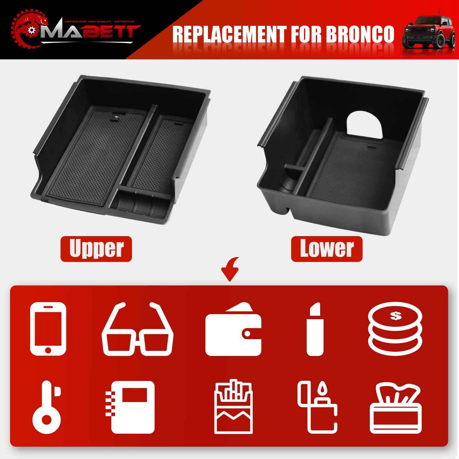 Mabett Console Organizer Tray for Bronco Accessories, Armrest Storage Box fit Bronco 2021 2022 2023 2024 2/4-Door wiht Non-Slip Mat Black