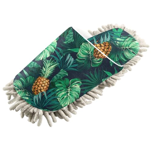 FLildon Microfiber Cleaning Slippers Tropical Leaf Pineapple Washable Mop Shoes Slipper for Men/Women House Floor Dust Cleaner, Size L