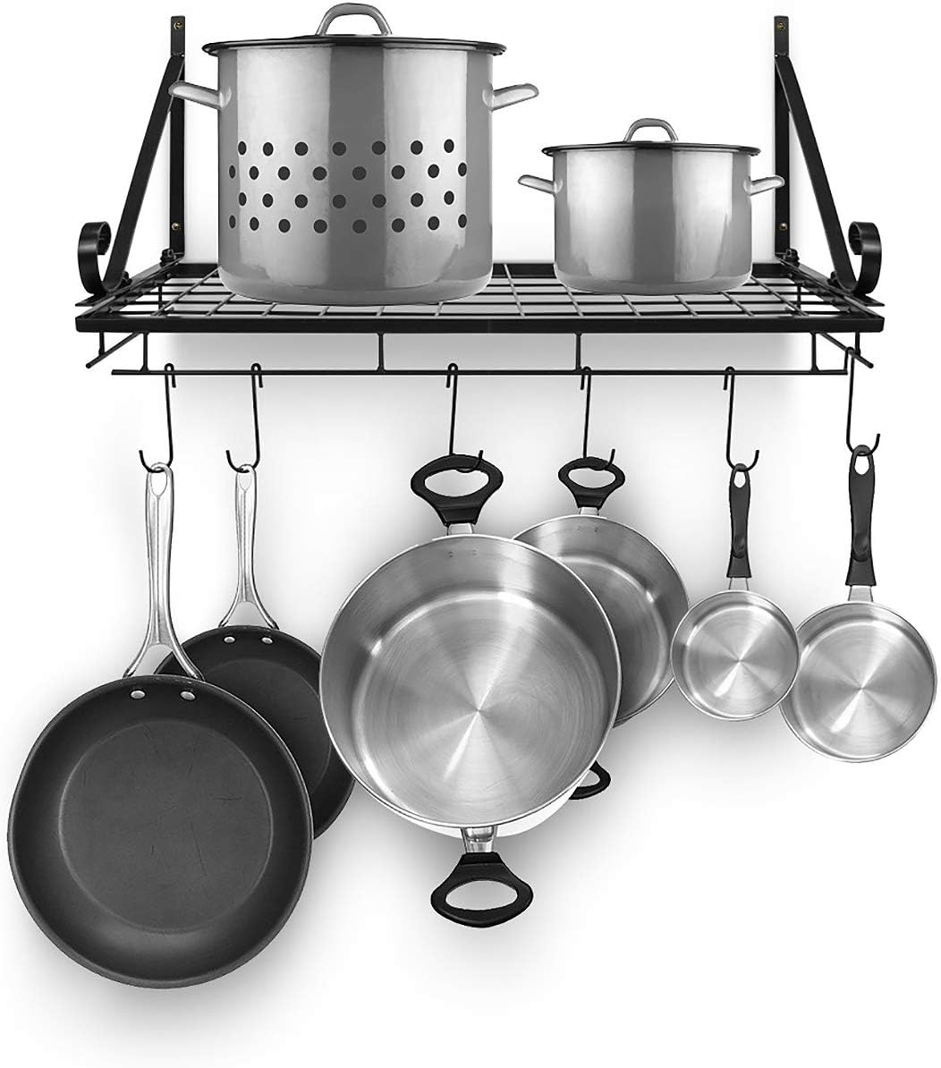 Sorbus Pots and Pan Rack — Decorative Wall Mounted Storage Hanging Rack — Multipurpose Wrought-Iron shelf Organizer for Kitchen Cookware, Utensils, Pans, Books, Bathroom (Wall Rack - Black)