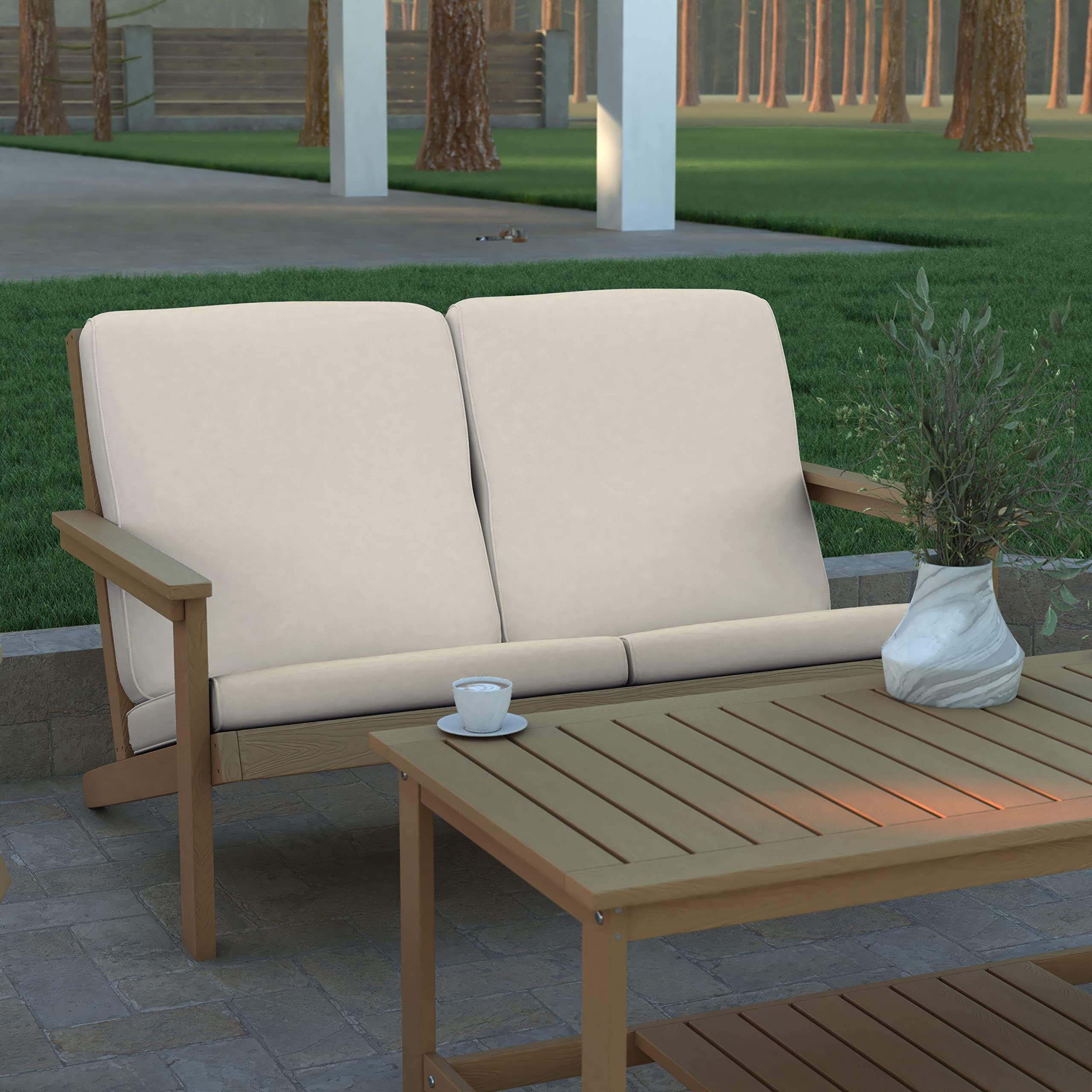 EMMA + OLIVER Hammond All-Weather Adirondack Style Loveseat - Natural Cedar Finish Polyresin Frame - Cream Cushions - Deep Seat - 300 lbs. Static Weight Per Seat