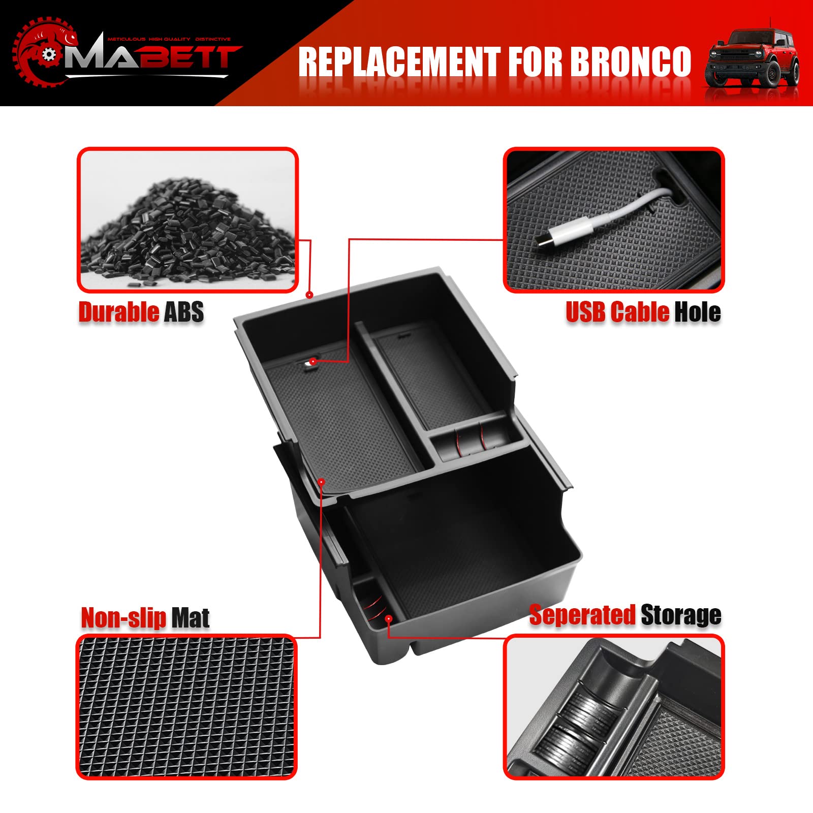 Mabett Console Organizer Tray for Bronco Accessories, Armrest Storage Box fit Bronco 2021 2022 2023 2024 2/4-Door wiht Non-Slip Mat Black