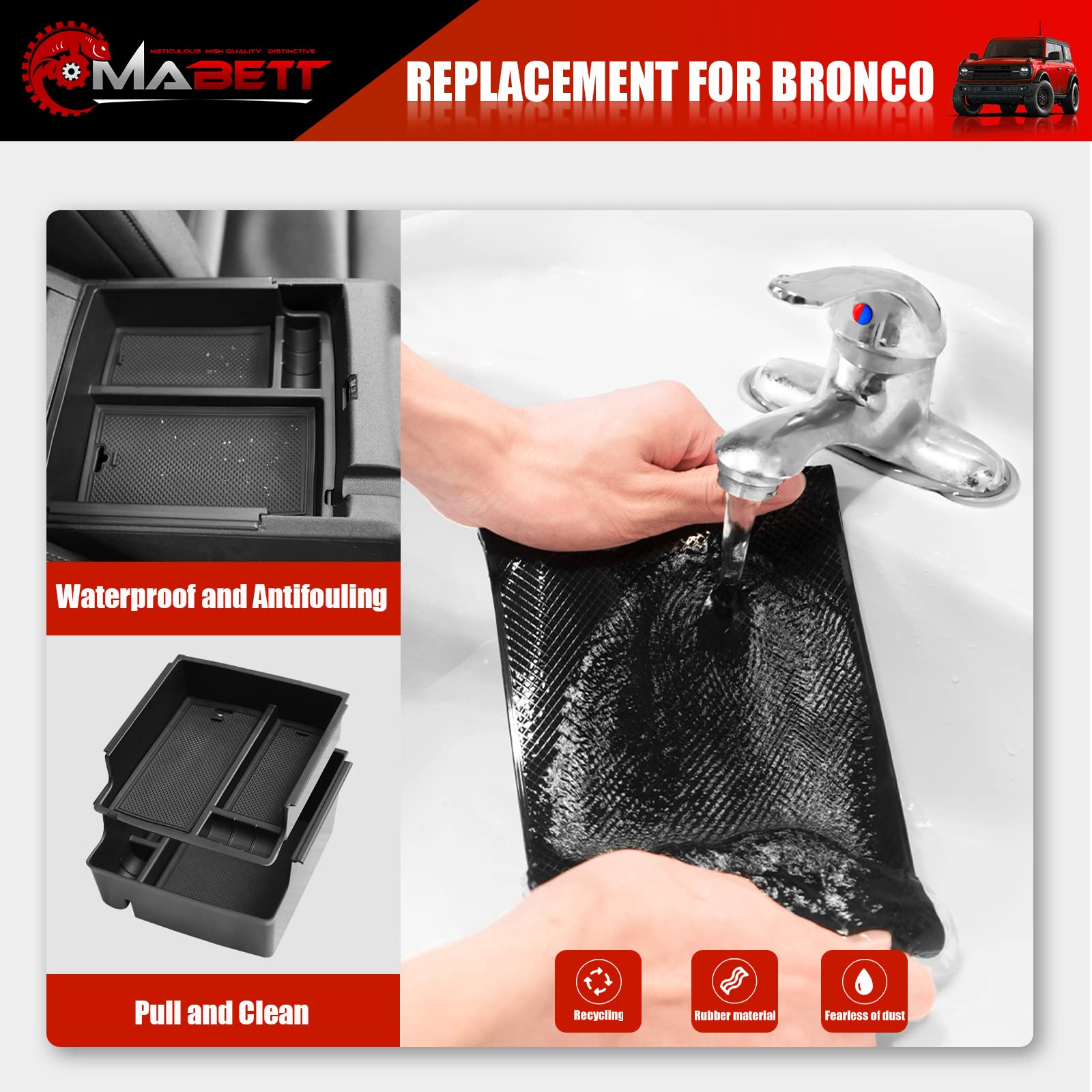 Mabett Console Organizer Tray for Bronco Accessories, Armrest Storage Box fit Bronco 2021 2022 2023 2024 2/4-Door wiht Non-Slip Mat Black