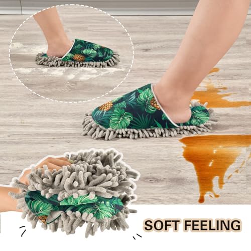 FLildon Microfiber Cleaning Slippers Tropical Leaf Pineapple Washable Mop Shoes Slipper for Men/Women House Floor Dust Cleaner, Size L