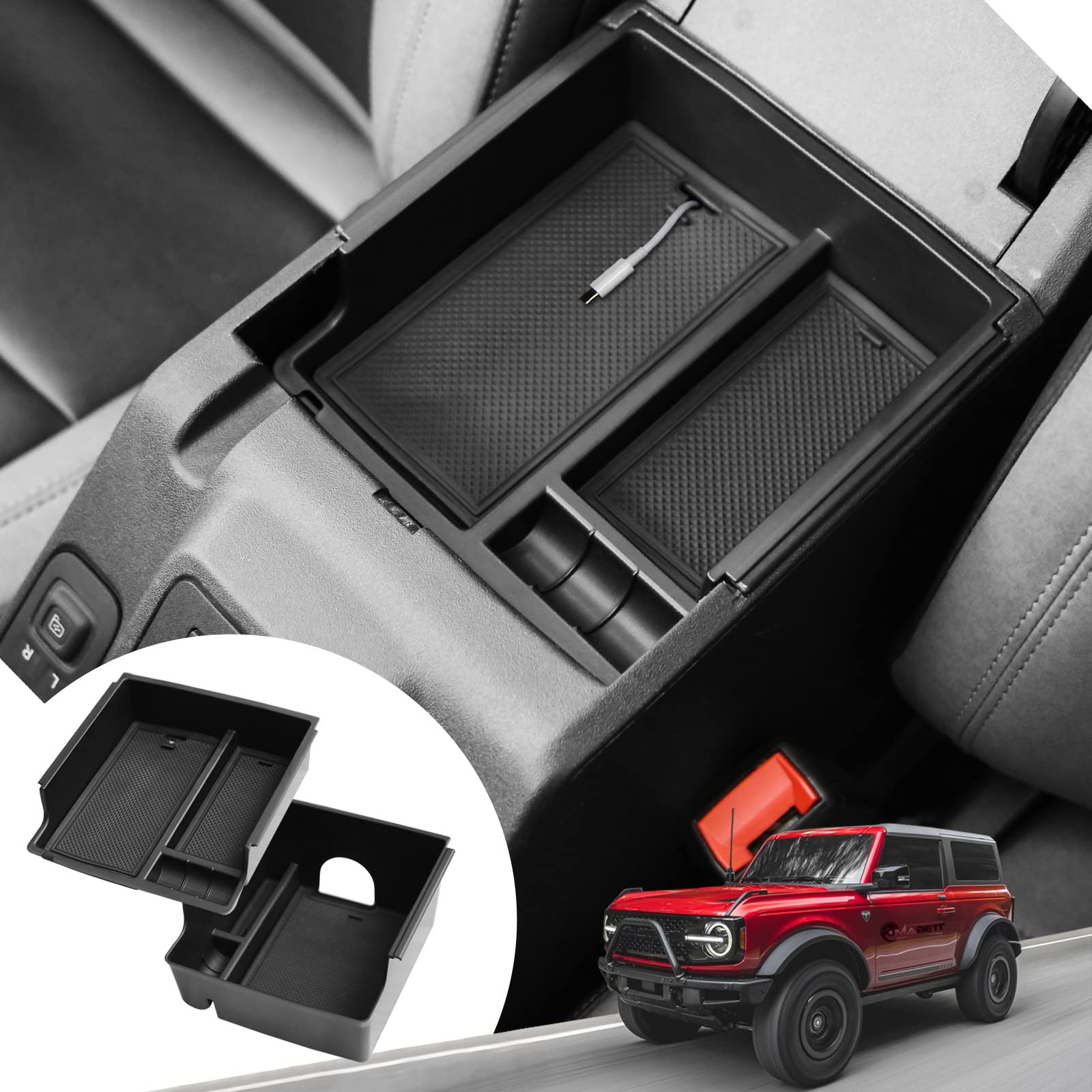 Mabett Console Organizer Tray for Bronco Accessories, Armrest Storage Box fit Bronco 2021 2022 2023 2024 2/4-Door wiht Non-Slip Mat Black