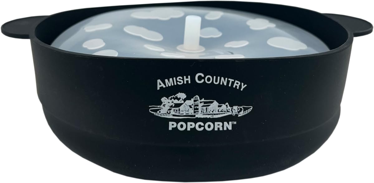 Amish Country Popcorn | Collapsible Silicone Microwave Popper with Customized ACP Logo | BPA and PVC Free Popcorn Bowl with Handles | Dishwasher Safe | Includes 2-2 oz Bags of Kernels (Black)
