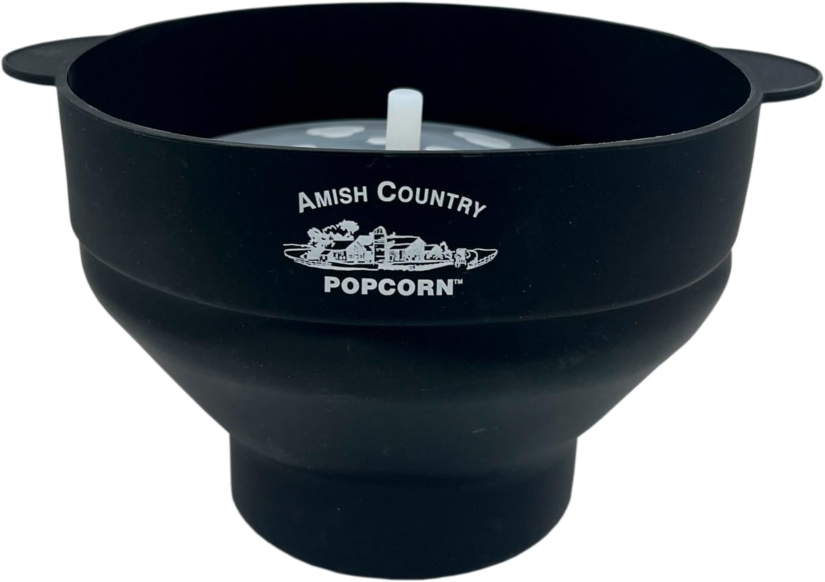 Amish Country Popcorn | Collapsible Silicone Microwave Popper with Customized ACP Logo | BPA and PVC Free Popcorn Bowl with Handles | Dishwasher Safe | Includes 2-2 oz Bags of Kernels (Black)