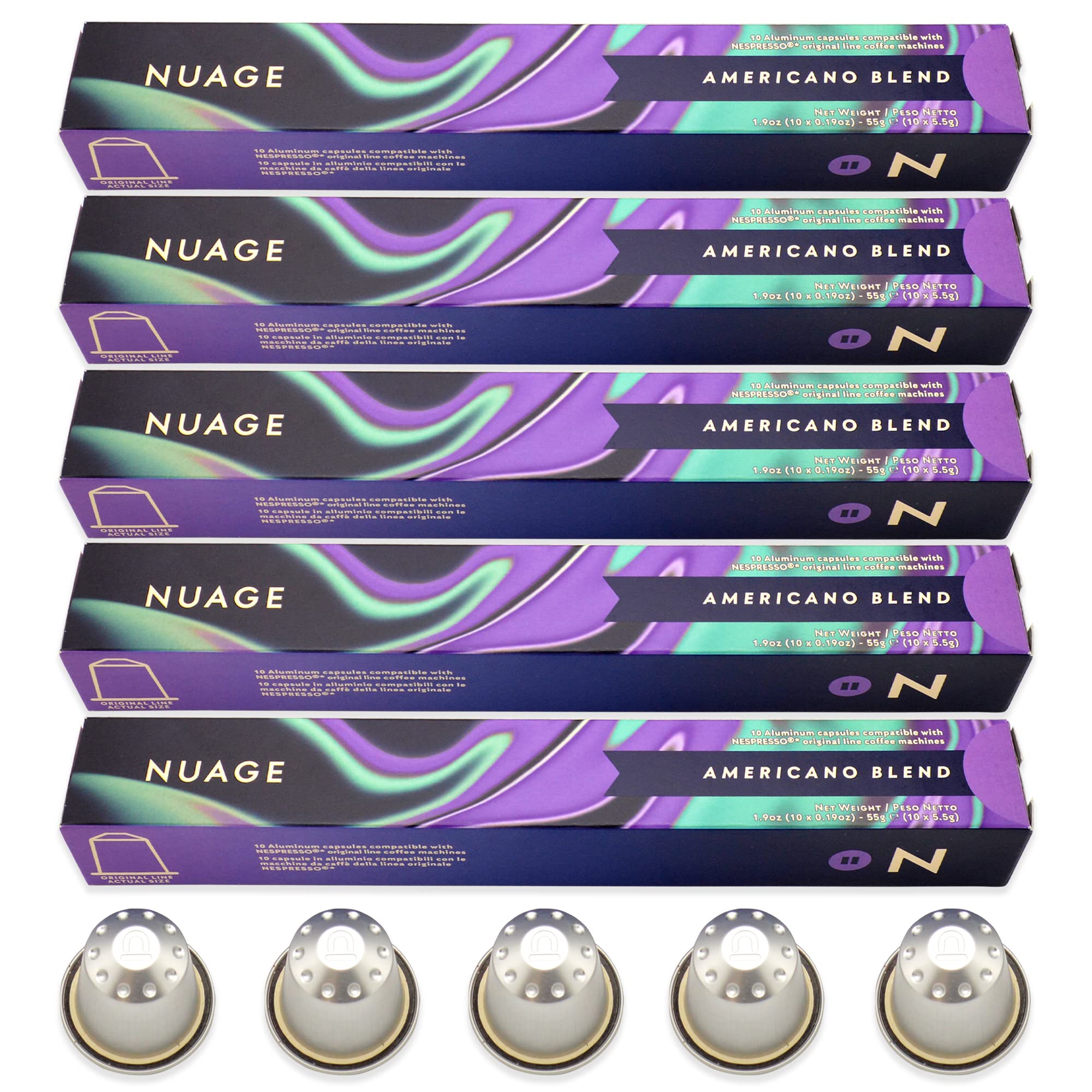 Nuage Coffee | Americano Medium-Dark Roast | Compatible With OriginalLine Nespresso Machines | Aluminum Espresso Coffee Pods | 50 Pods (5 Pack) | Not Vertuo Compatible