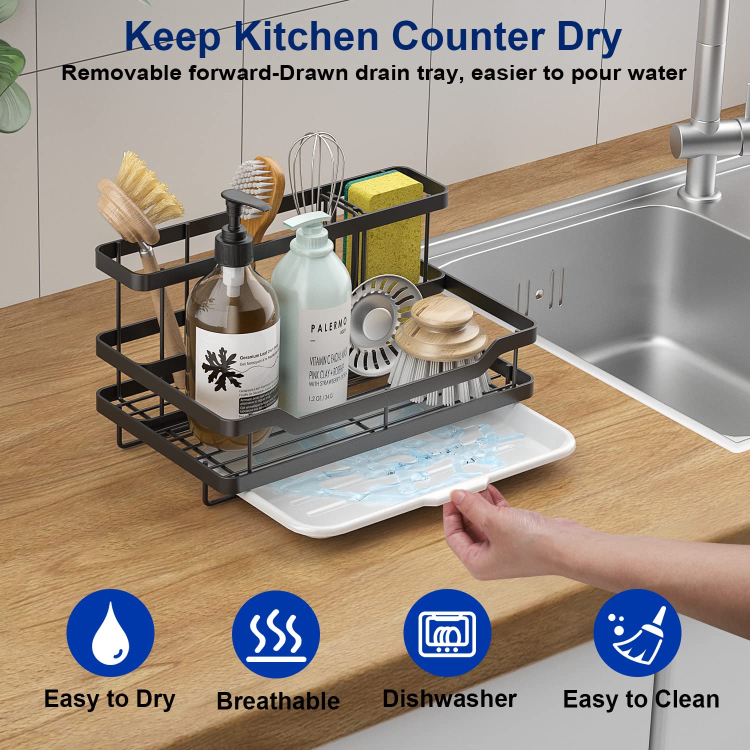 MFTEK Kitchen Sink Caddy Sponge Holder, Large Sponge Holder for Kitchen Sink Countertop Organizer, Soap Holder Tray Dish Dispenser Storage Rack with Drain Tray, Black -Not Include Sponge, Brush