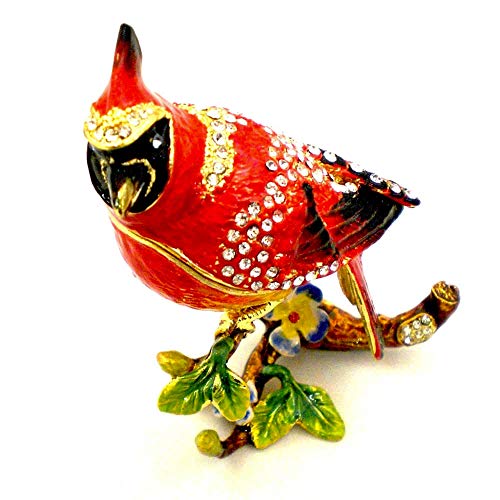 Cardinal Bird on Branch Trinket Box, Clear Swarovski Crystal, Hand Painted Enamel Red & Black Over Pewter, L 2.50 x H 4.00 x W 2.25