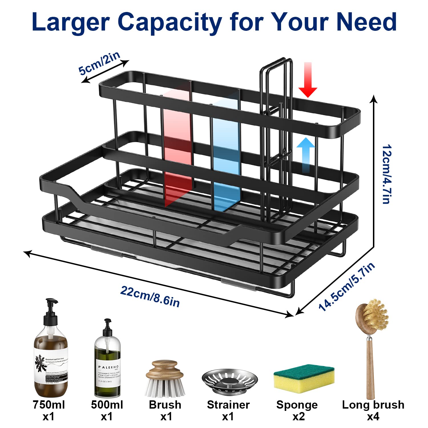 MFTEK Kitchen Sink Caddy Sponge Holder, Large Sponge Holder for Kitchen Sink Countertop Organizer, Soap Holder Tray Dish Dispenser Storage Rack with Drain Tray, Black -Not Include Sponge, Brush