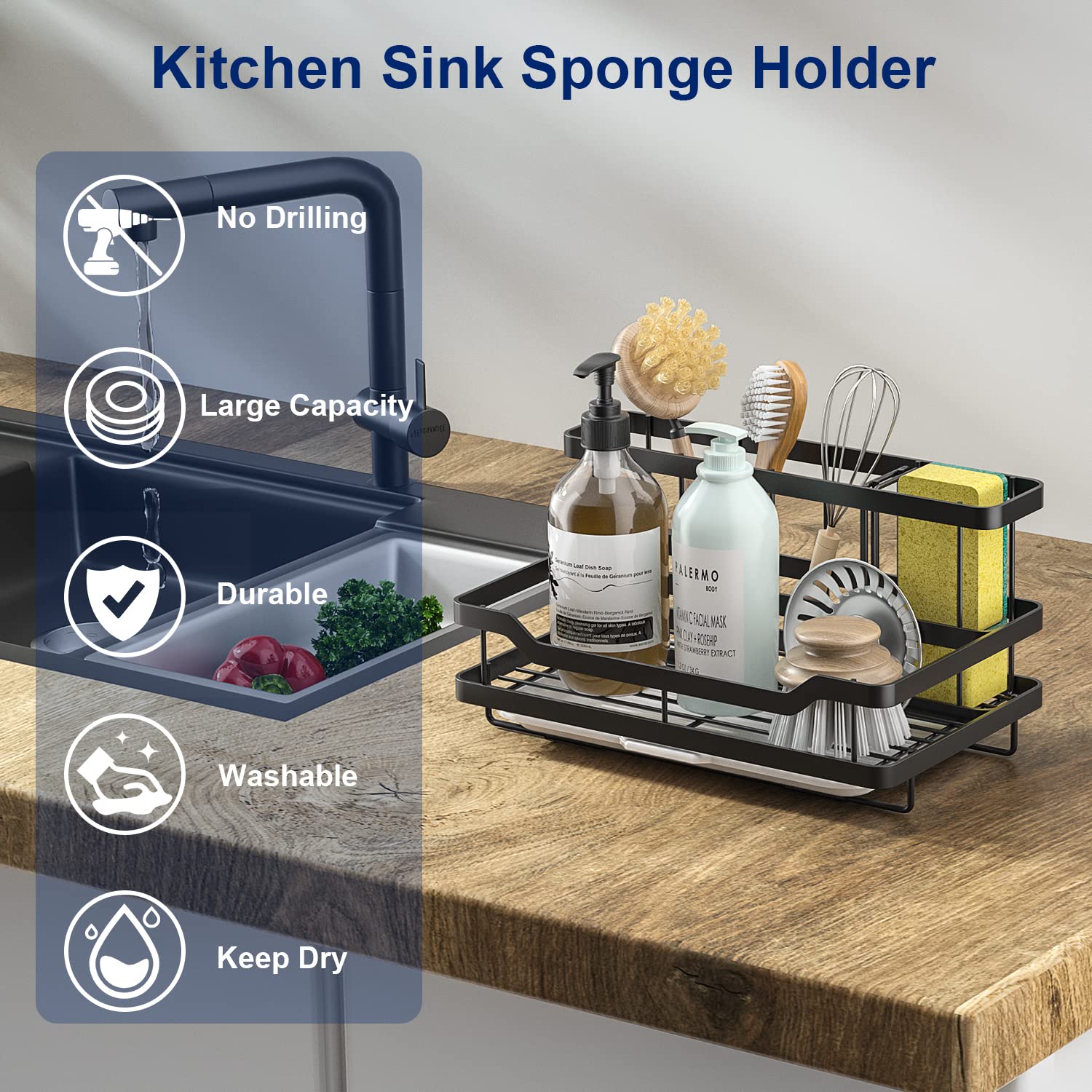 MFTEK Kitchen Sink Caddy Sponge Holder, Large Sponge Holder for Kitchen Sink Countertop Organizer, Soap Holder Tray Dish Dispenser Storage Rack with Drain Tray, Black -Not Include Sponge, Brush
