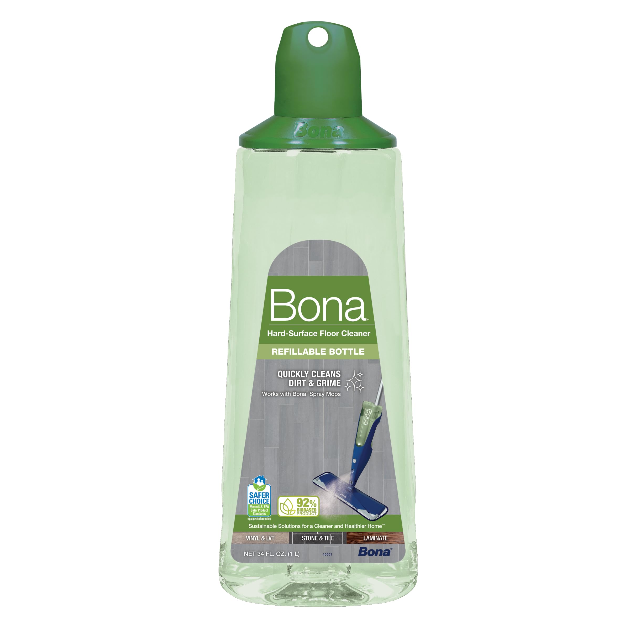 Bona Multi-Surface Hard Floor Cleaner Spray Mop Cartridge - 34 fl oz - Unscented - Refillable - Residue-Free Floor Cleaning Solution for Bona Spray Mops - Stone, Tile, Laminate, and Vinyl Floors