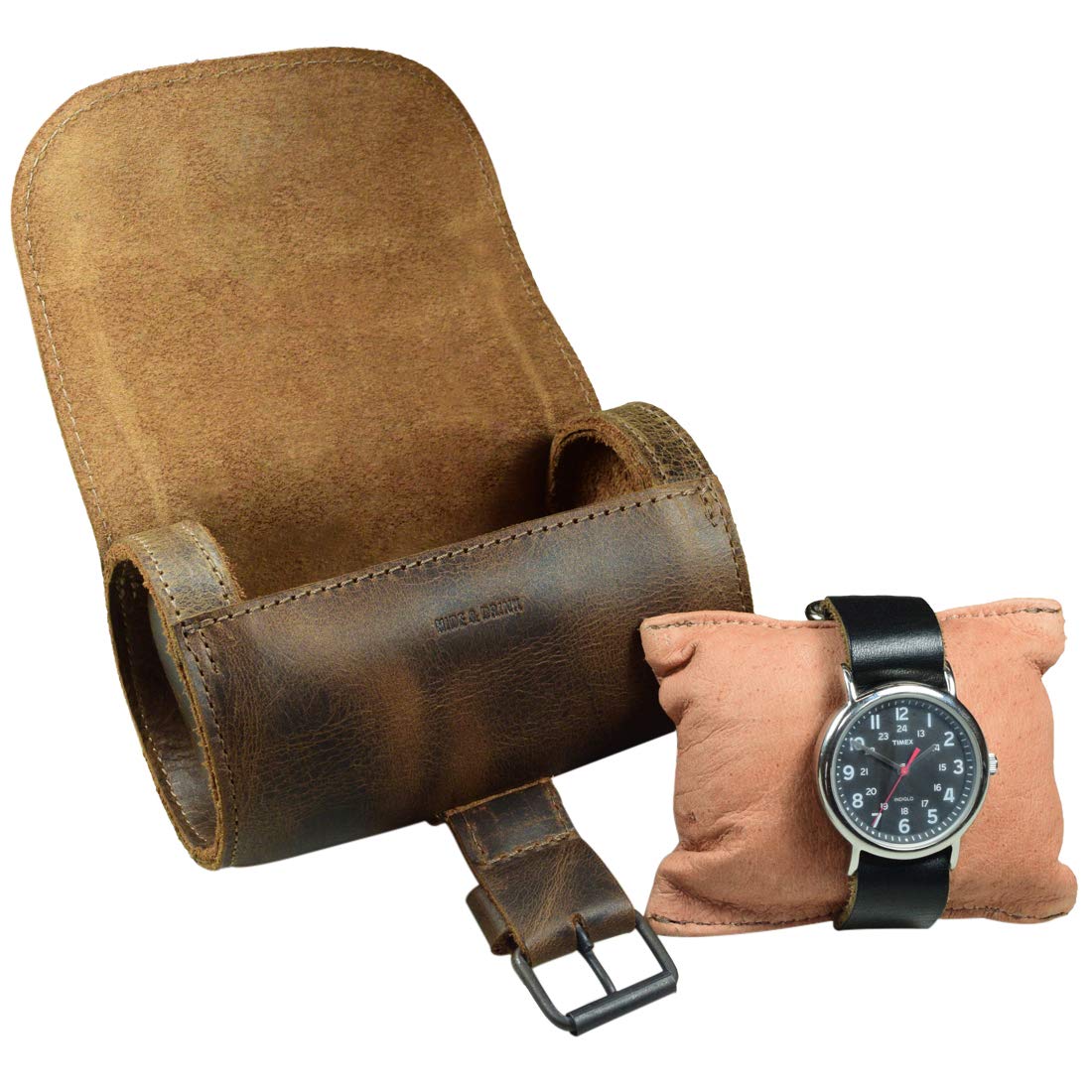 Hide & Drink, Cylinder Watch Case with Cushion, Storage Box, Jewelry Organizer, Travel Accessories, Full Grain Leather, Handmade, Bourbon Brown