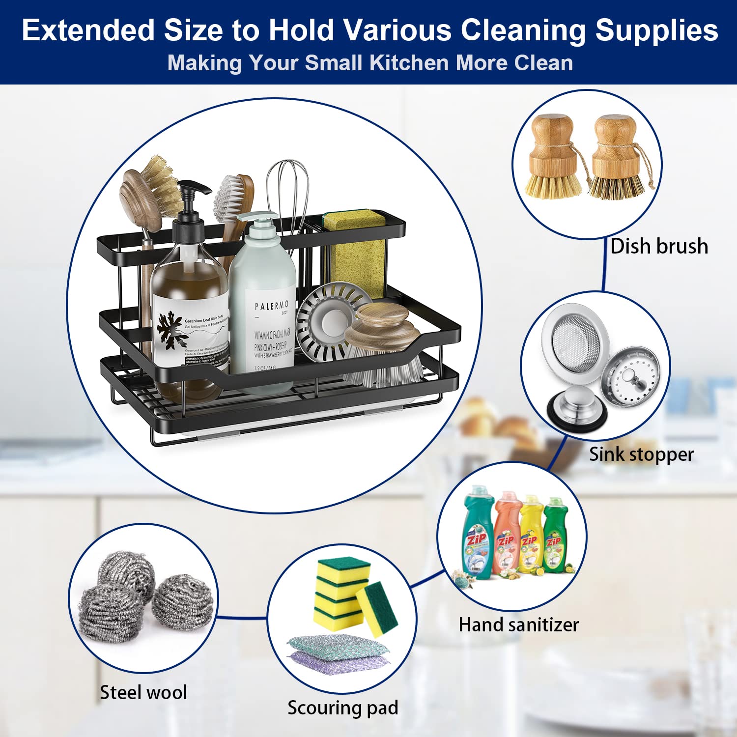 MFTEK Kitchen Sink Caddy Sponge Holder, Large Sponge Holder for Kitchen Sink Countertop Organizer, Soap Holder Tray Dish Dispenser Storage Rack with Drain Tray, Black -Not Include Sponge, Brush