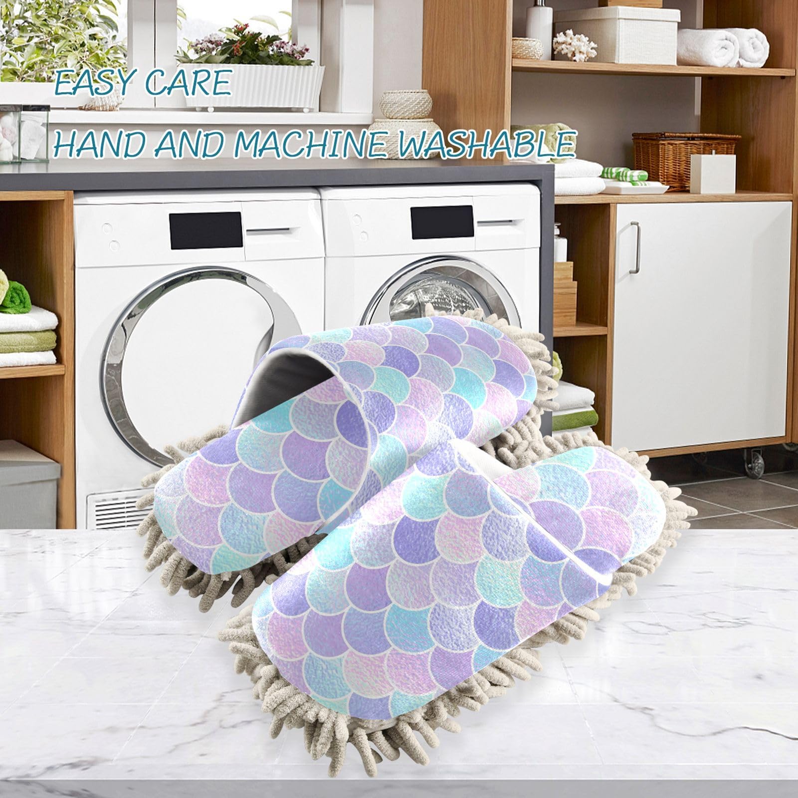 FLildon Microfiber Cleaning Slippers Mermaid Scale Washable Mop Shoes Slipper for Men/Women House Floor Dust Cleaner, Size L