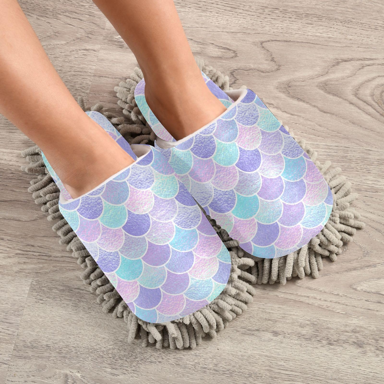 FLildon Microfiber Cleaning Slippers Mermaid Scale Washable Mop Shoes Slipper for Men/Women House Floor Dust Cleaner, Size L
