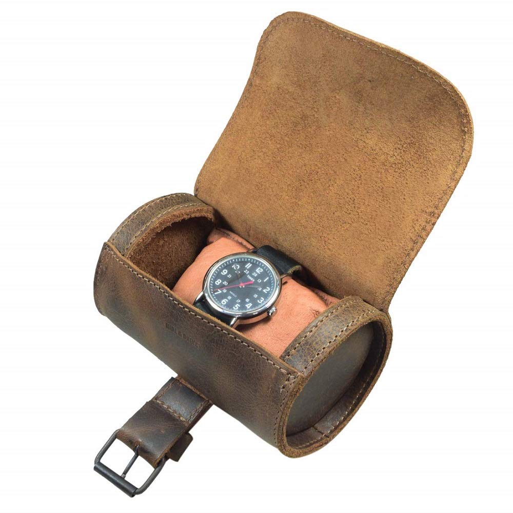 Hide & Drink, Cylinder Watch Case with Cushion, Storage Box, Jewelry Organizer, Travel Accessories, Full Grain Leather, Handmade, Bourbon Brown