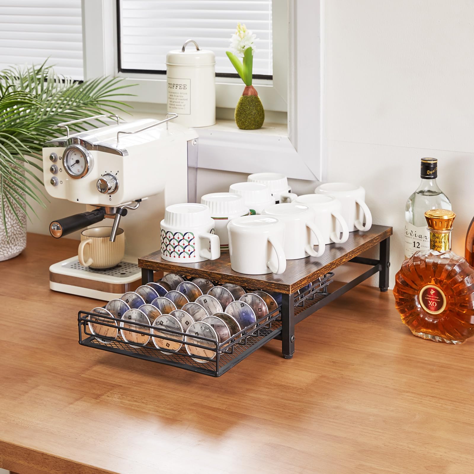 IBUYKE Coffee Pod Drawer Holder for Nespresso, 40 Capacity Capsule Pods Storage Organizer, Compact Under Coffee Pot Storage Drawer, Slim Home Kitchen Counter Organizer, Rustic Brown,TCJ101H
