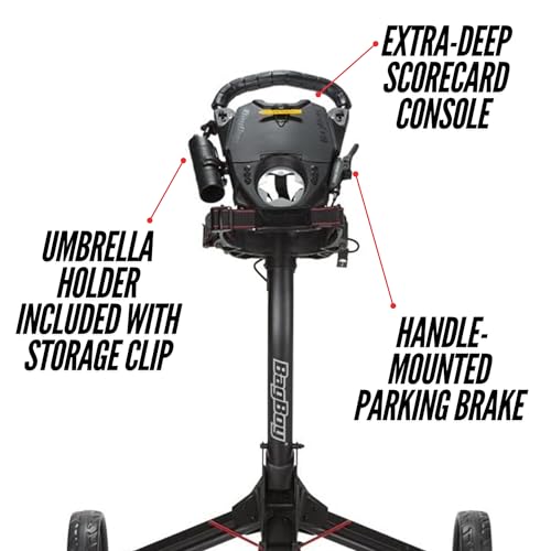 Bag Boy Compact 3 Golf Push Cart, Easy Three-Step Open & Close, Scorecard Console, Beverage Holder, Mobile Device Holder, Handle Mounted Parking Brake