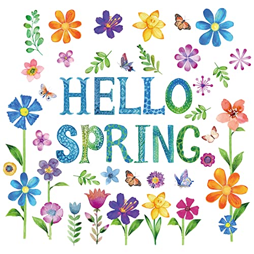 Whaline 47Pcs Hello Spring Cut-Outs Spring Floral Cut Outs with 100Pcs Glue Points Colorful Flower Plants Paper Patterned Cut-Outs Bulletin Board Decoration for School Classroom Game Party Supplies