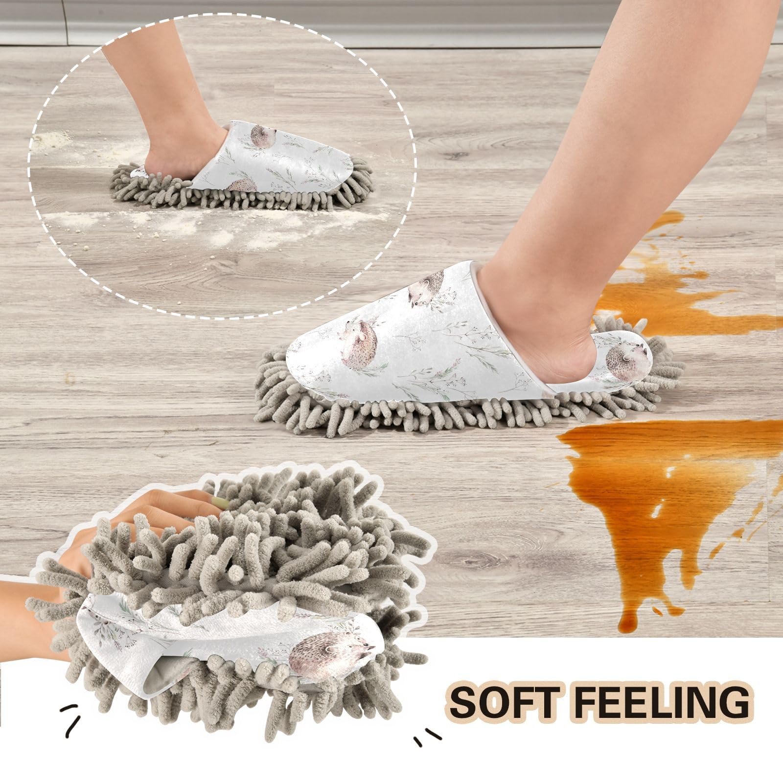FLildon Microfiber Cleaning Slippers Hedgehog Washable Mop Shoes Slipper for Men/Women House Floor Dust Cleaner, Size L