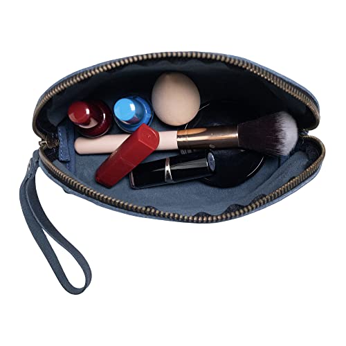Hide & Drink, Cosmetic Travel Organizer with Hand Strap for Women, Makeup Bag, Classic Handbag, Full Grain Leather, Handmade, Slate Blue