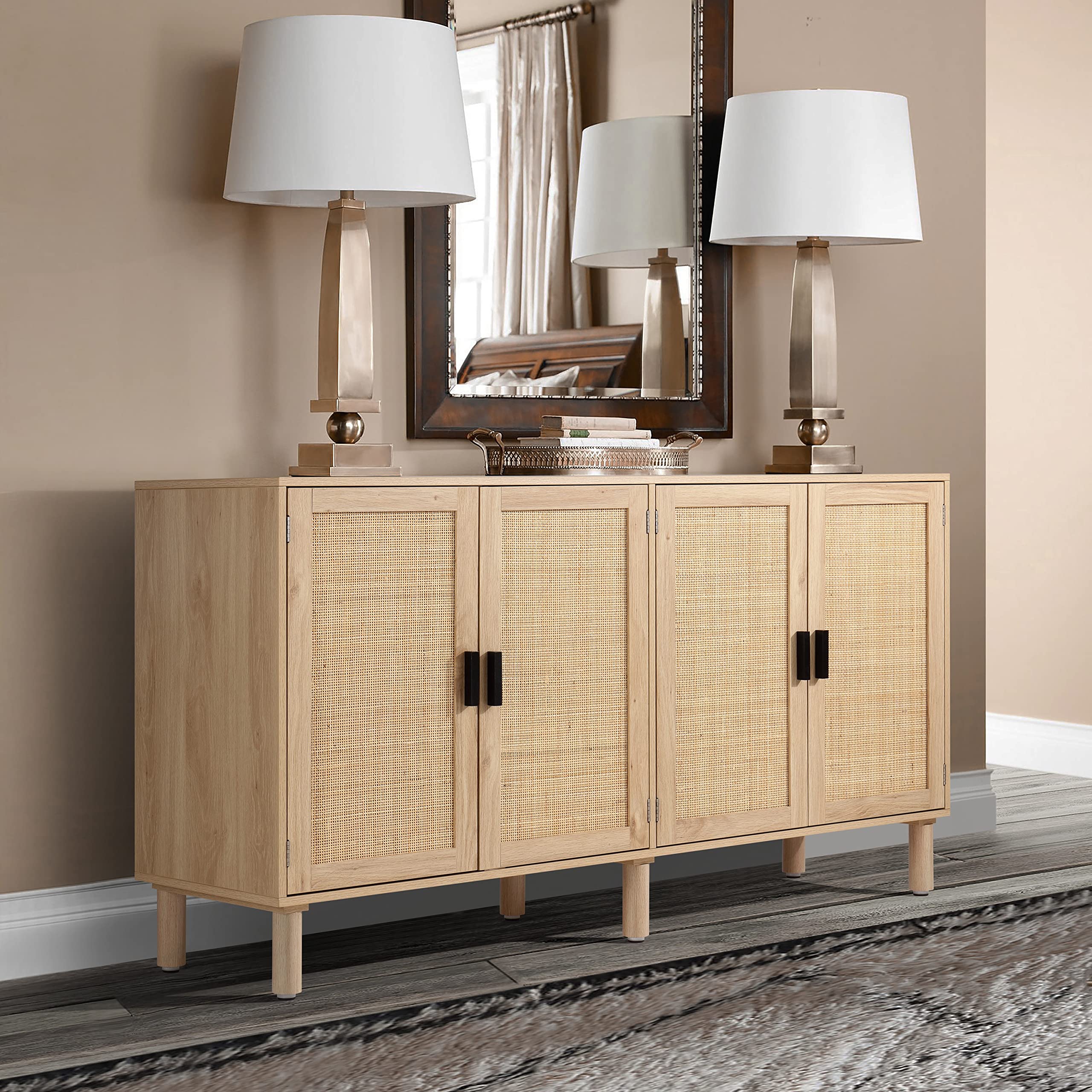 Finnhomy 4 Door Sideboard Buffet Cabinet, Kitchen Storage Cabinet with Rattan Decorated Doors, Cupboard Console Table, Boho Accent Liquor Cabinet for Home Bar, 62.3X 15.7X 34.6 Inches, Natural