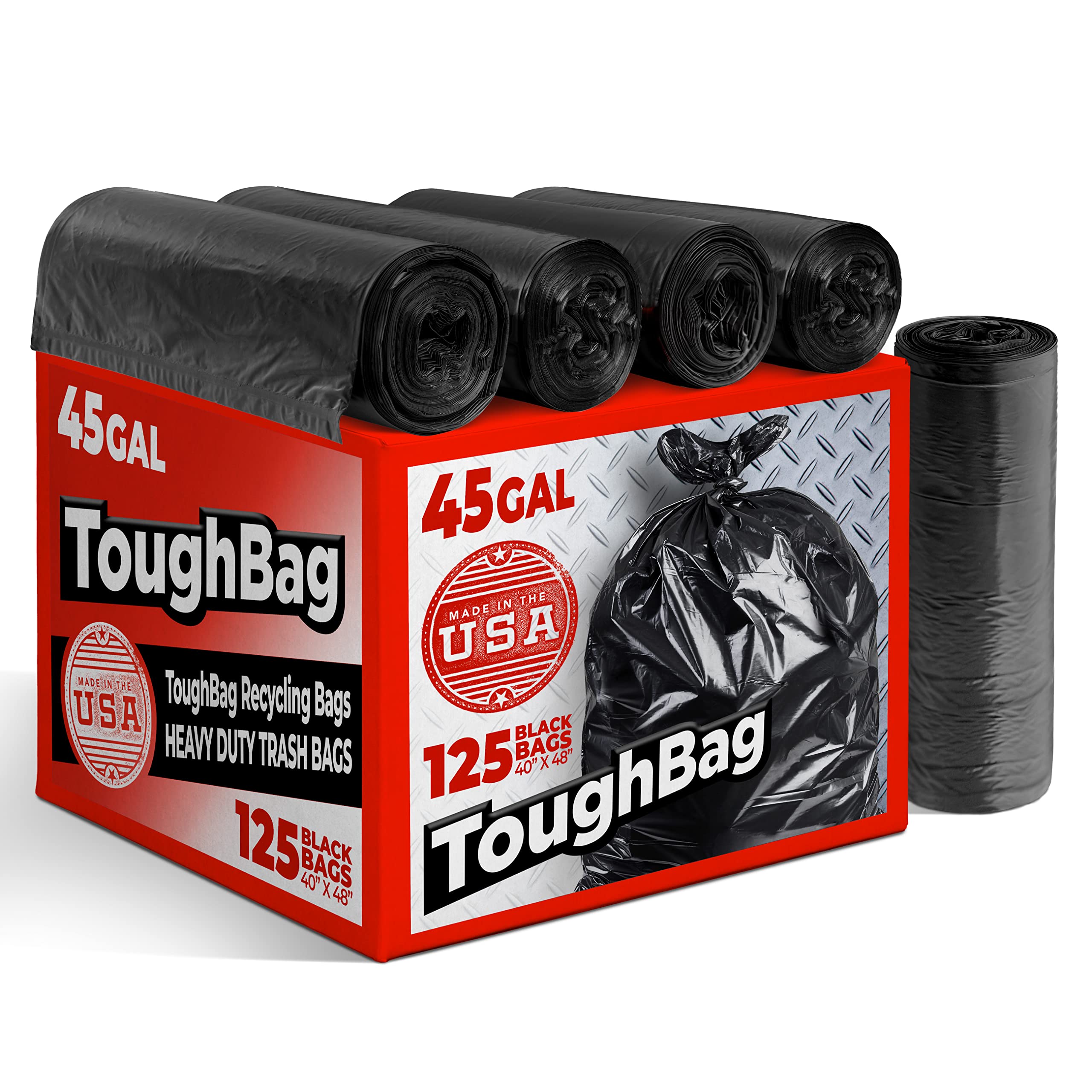 ToughBag 40-45 Gallon Trash Bags Heavy Duty (125 Count) | Black Garbage Bags | 39, 40, 42, 45 Gallon | Made In USA