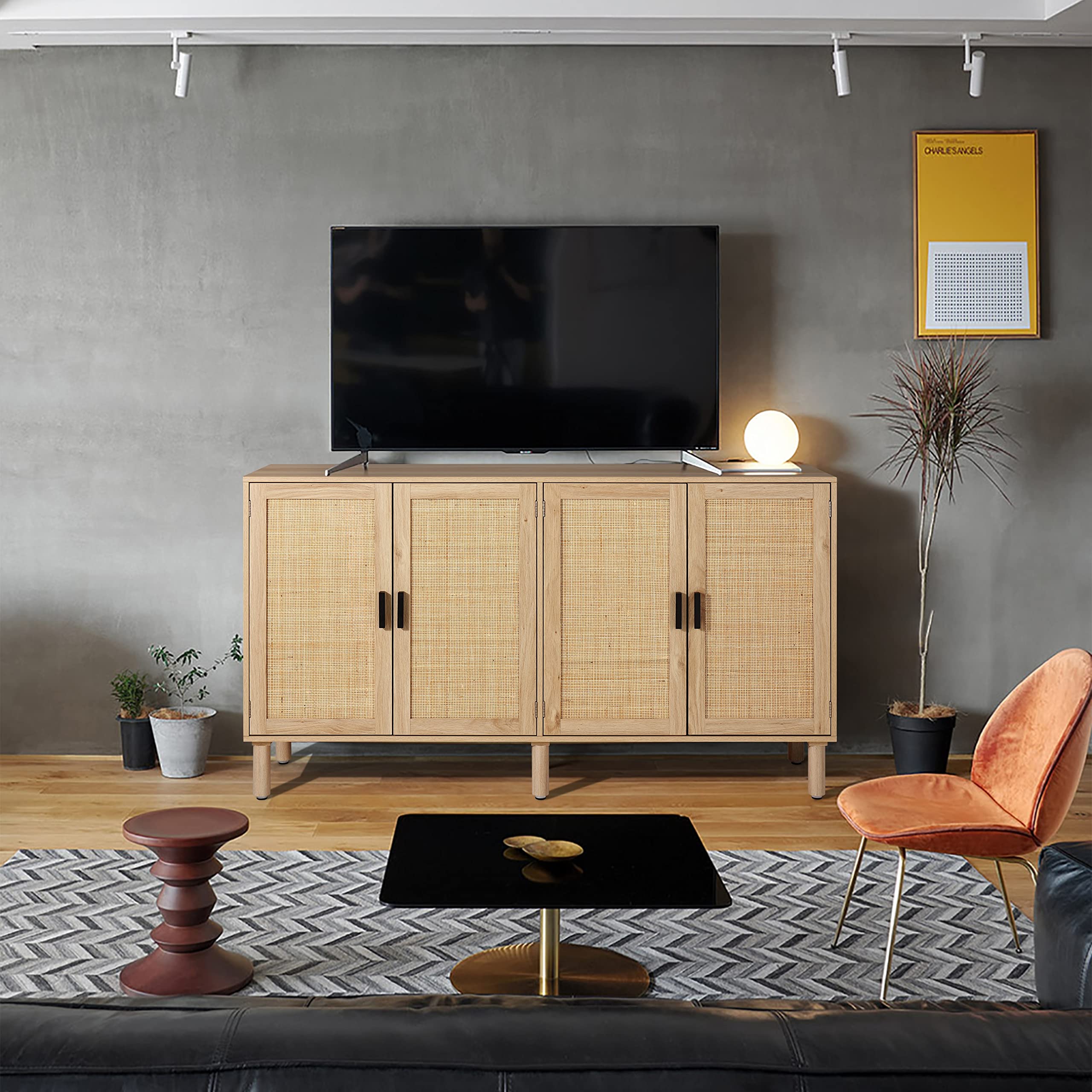 Finnhomy 4 Door Sideboard Buffet Cabinet, Kitchen Storage Cabinet with Rattan Decorated Doors, Cupboard Console Table, Boho Accent Liquor Cabinet for Home Bar, 62.3X 15.7X 34.6 Inches, Natural
