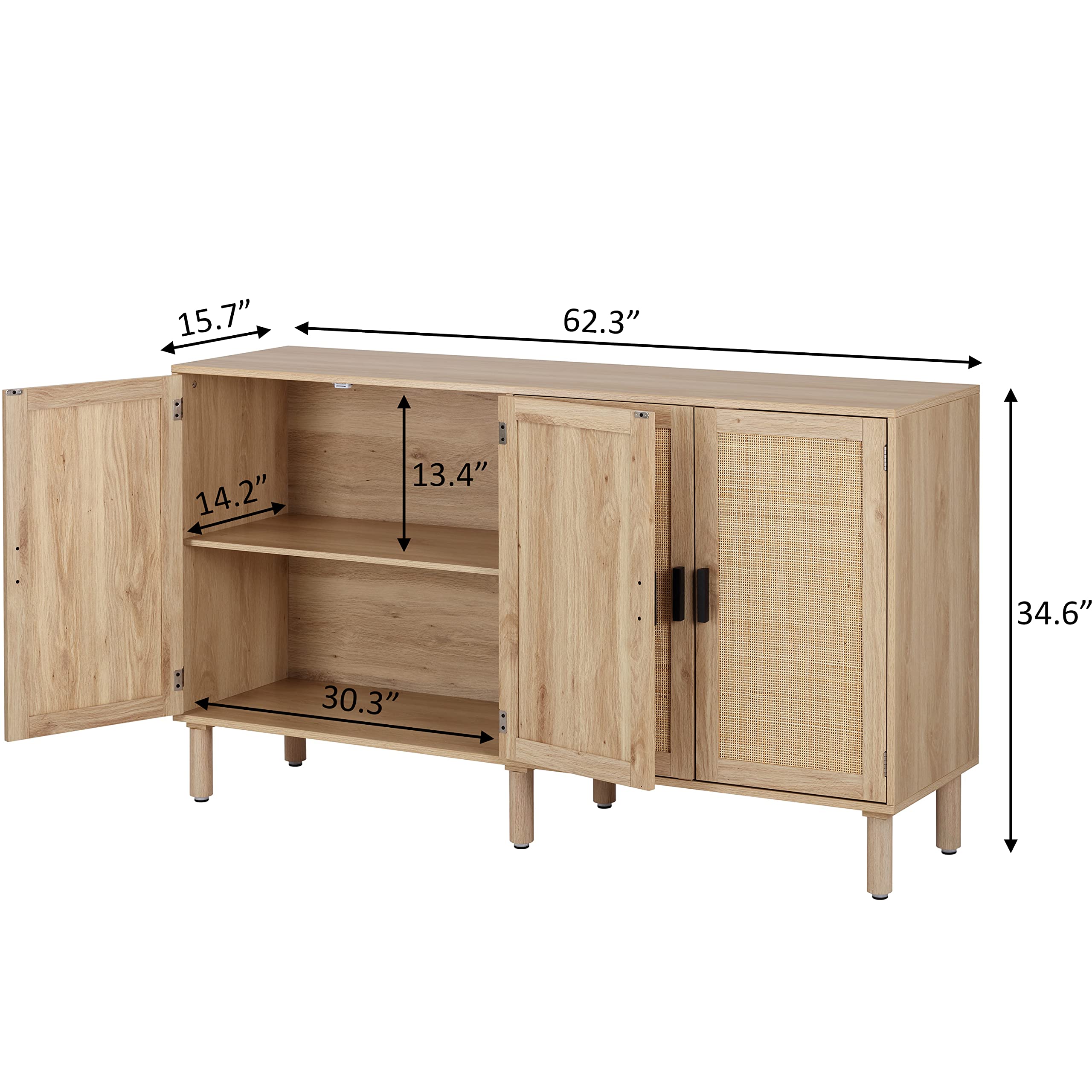 Finnhomy 4 Door Sideboard Buffet Cabinet, Kitchen Storage Cabinet with Rattan Decorated Doors, Cupboard Console Table, Boho Accent Liquor Cabinet for Home Bar, 62.3X 15.7X 34.6 Inches, Natural