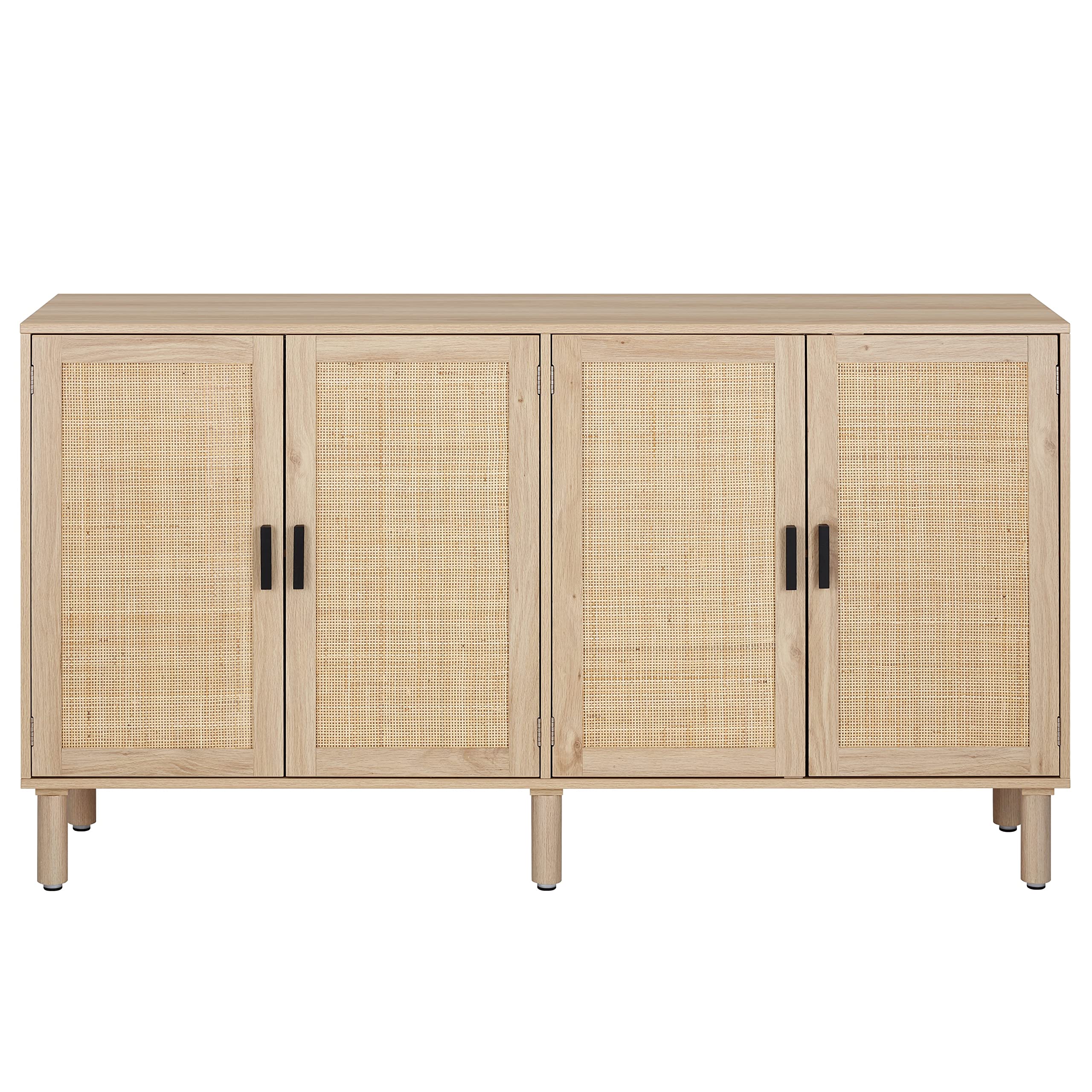 Finnhomy 4 Door Sideboard Buffet Cabinet, Kitchen Storage Cabinet with Rattan Decorated Doors, Cupboard Console Table, Boho Accent Liquor Cabinet for Home Bar, 62.3X 15.7X 34.6 Inches, Natural