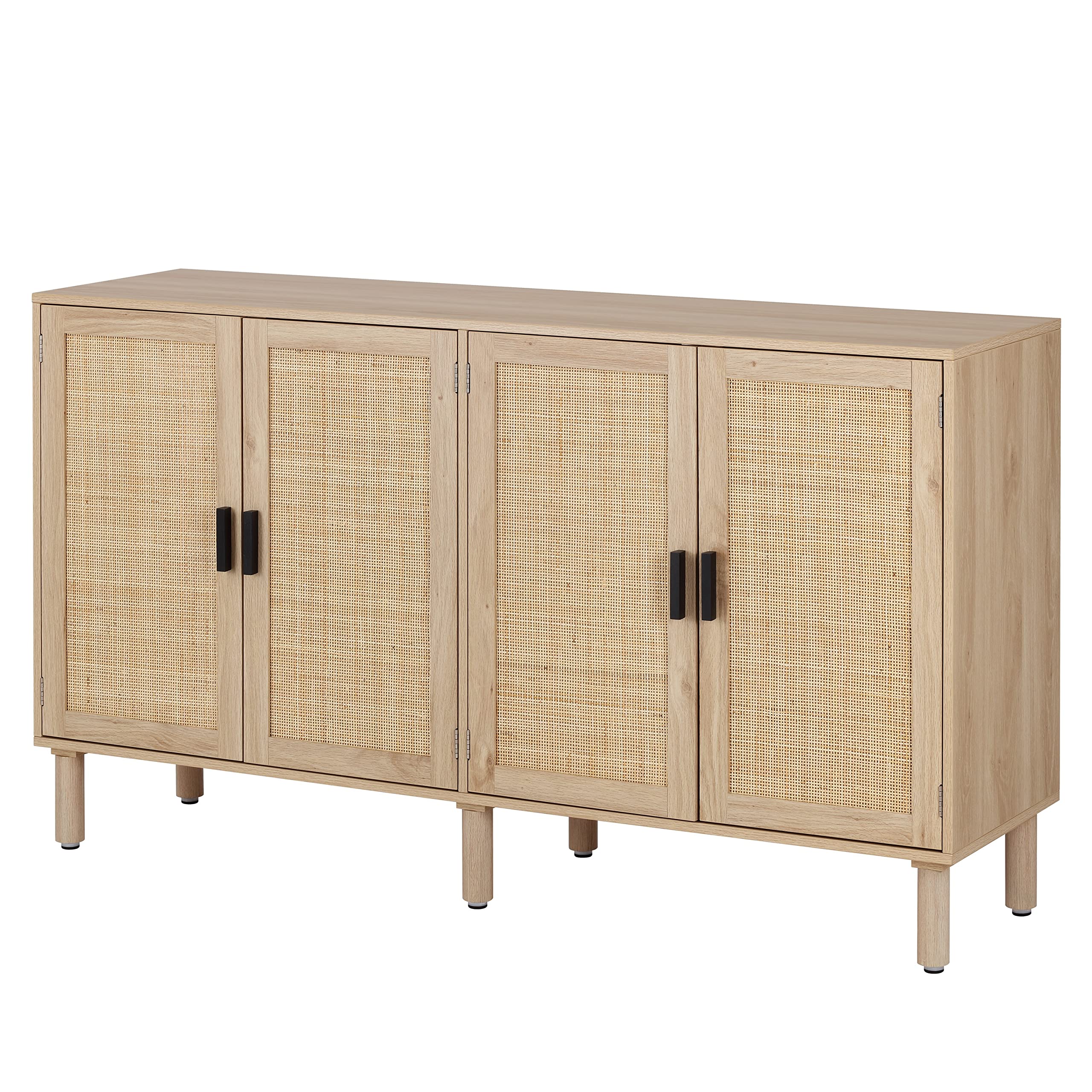 Finnhomy 4 Door Sideboard Buffet Cabinet, Kitchen Storage Cabinet with Rattan Decorated Doors, Cupboard Console Table, Boho Accent Liquor Cabinet for Home Bar, 62.3X 15.7X 34.6 Inches, Natural