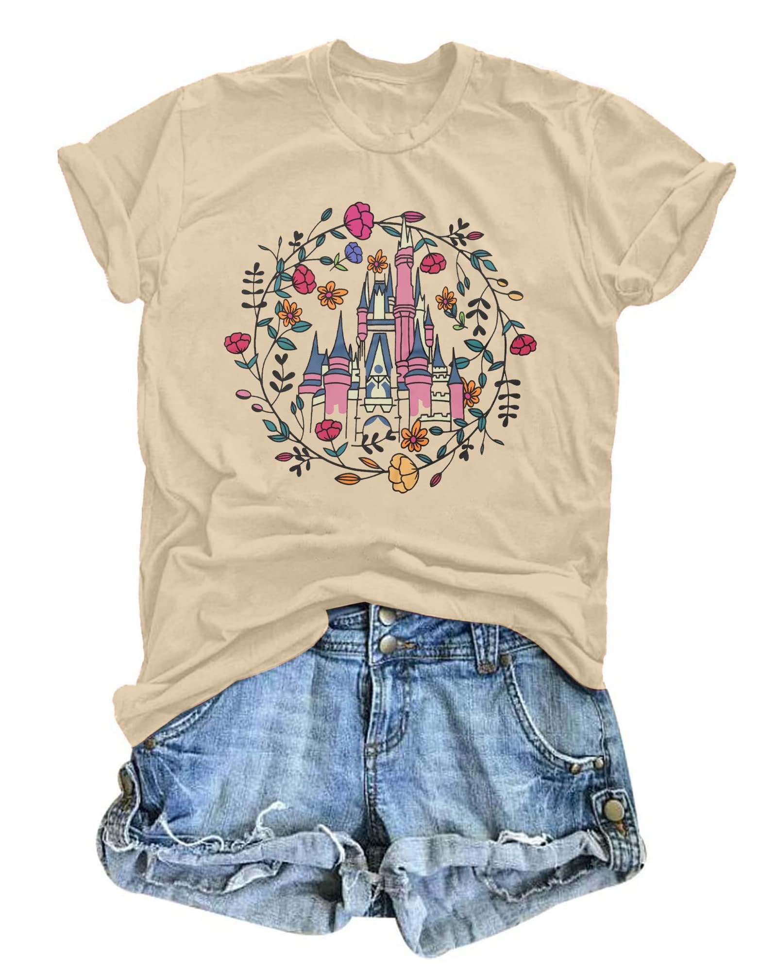 Magical Shirt for Women Magic Kingdom T Shirt Family Holiday Vacation Tee Castle Graphic Short Sleeve Tops Apricot