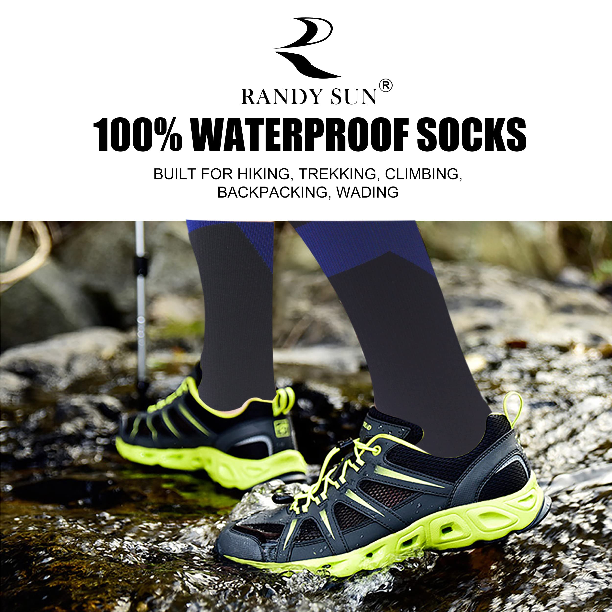 RANDY SUN Waterproof Socks for Men, Unisex Knee High Military Socks Neoprene Socks for Women Hiking Kayaking Wading Socks Unisex Black&Blue&Gray, Large
