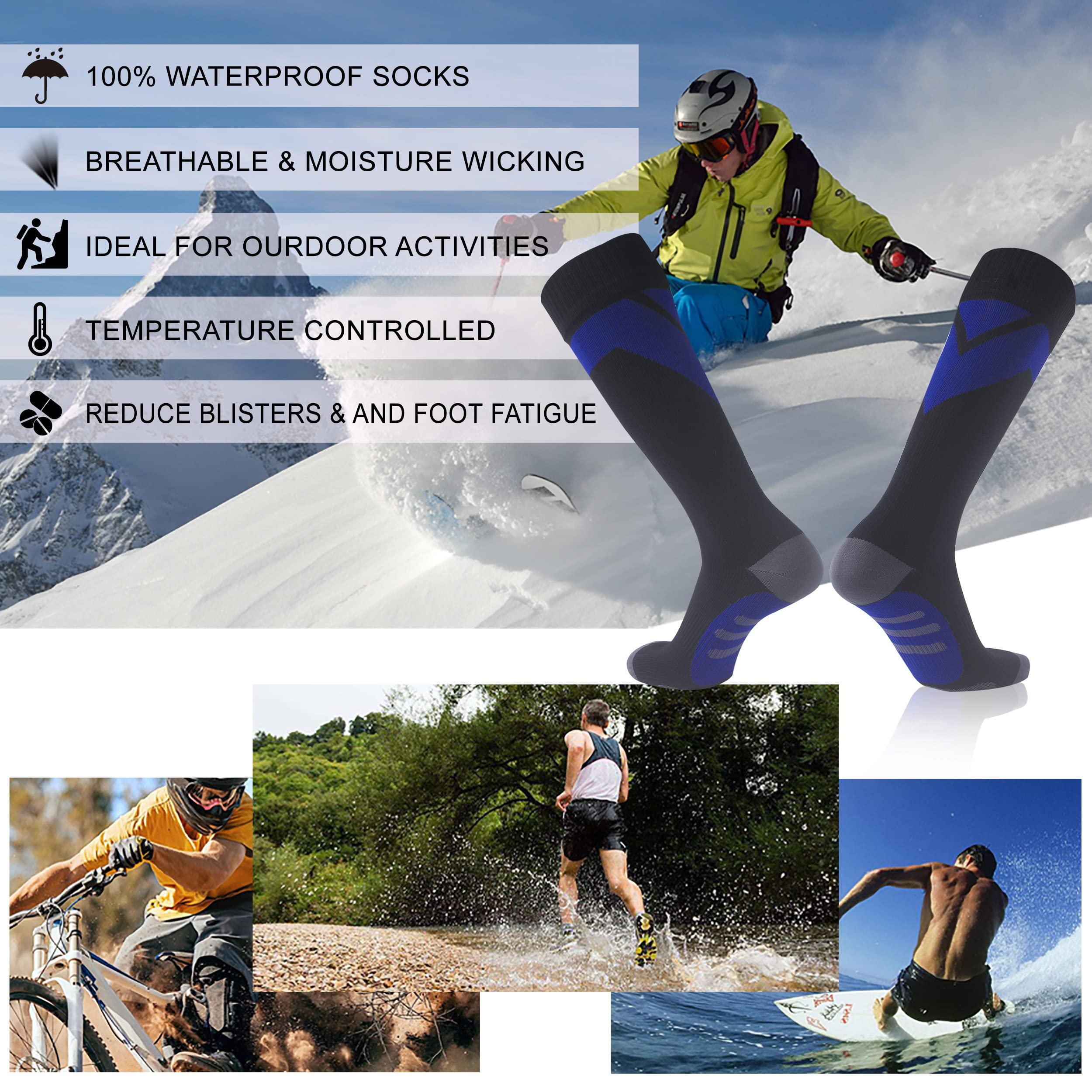 RANDY SUN Waterproof Socks for Men, Unisex Knee High Military Socks Neoprene Socks for Women Hiking Kayaking Wading Socks Unisex Black&Blue&Gray, Large