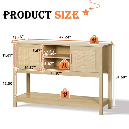 LAZZO Rattan Console Table 47" Narrow Entryway Table Sofa Table Behind Couch Table Coffee Bar with 2 Door Cabinets, 2 Drawers and Open Storage Shelf for Living Room, Foyer and Hallway Natural Wood
