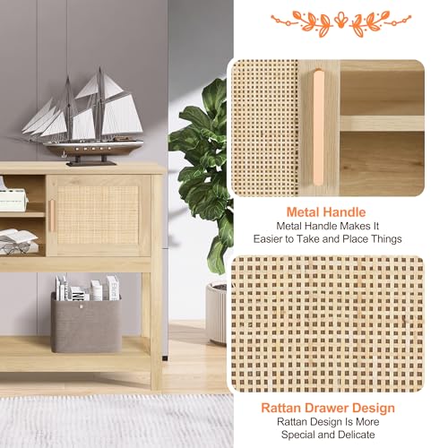 LAZZO Rattan Console Table 47" Narrow Entryway Table Sofa Table Behind Couch Table Coffee Bar with 2 Door Cabinets, 2 Drawers and Open Storage Shelf for Living Room, Foyer and Hallway Natural Wood