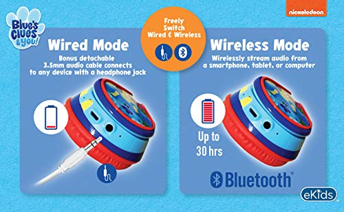 eKids Blues Clues Kids Bluetooth Headphones, Wireless Headphones with Microphone Includes Aux Cord, Volume Reduced Kids Foldable Headphones for School, Home, or Travel