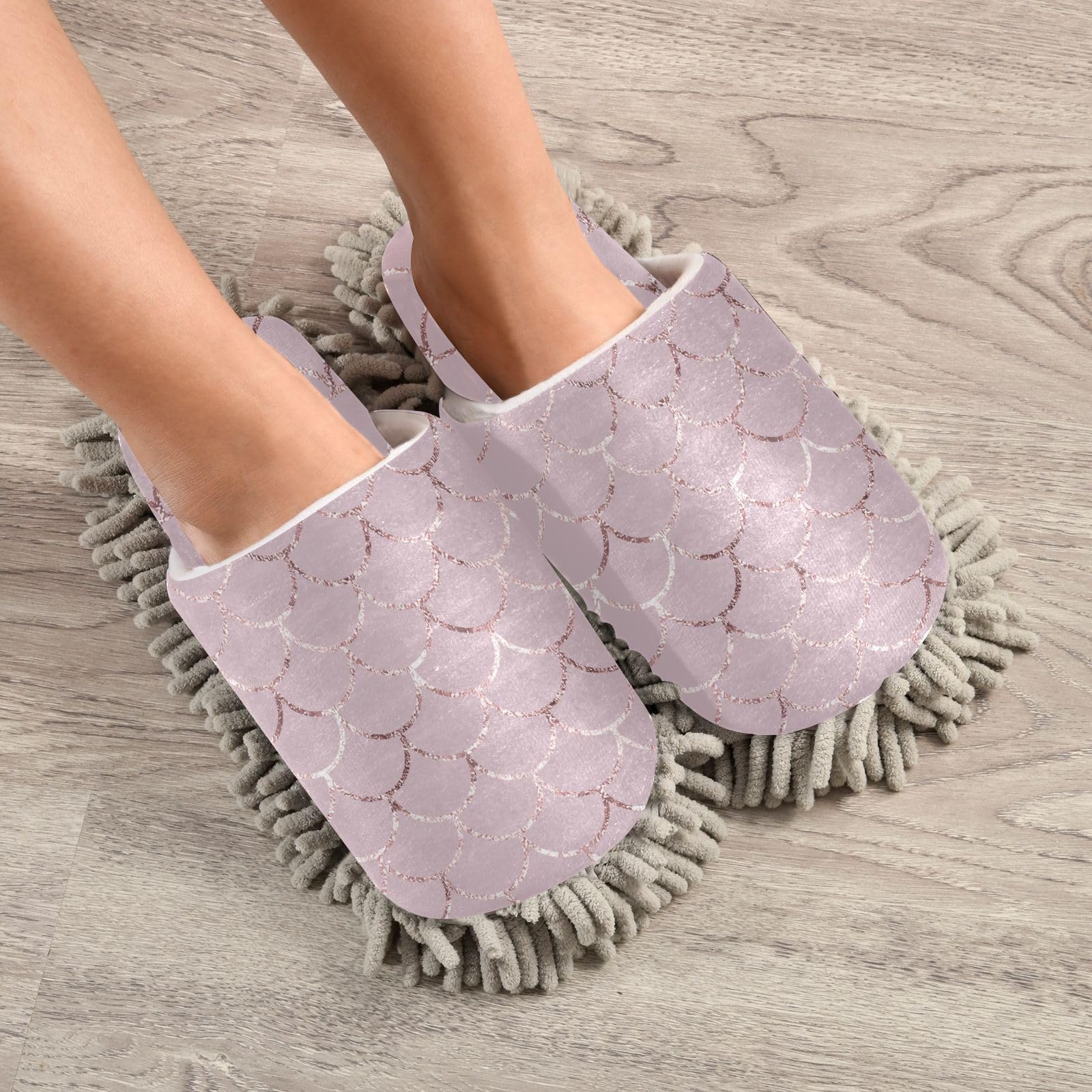 FLildon Microfiber Cleaning Slippers Rose Gold Scale Washable Mop Shoes Slipper for Men/Women House Floor Dust Cleaner, Size L